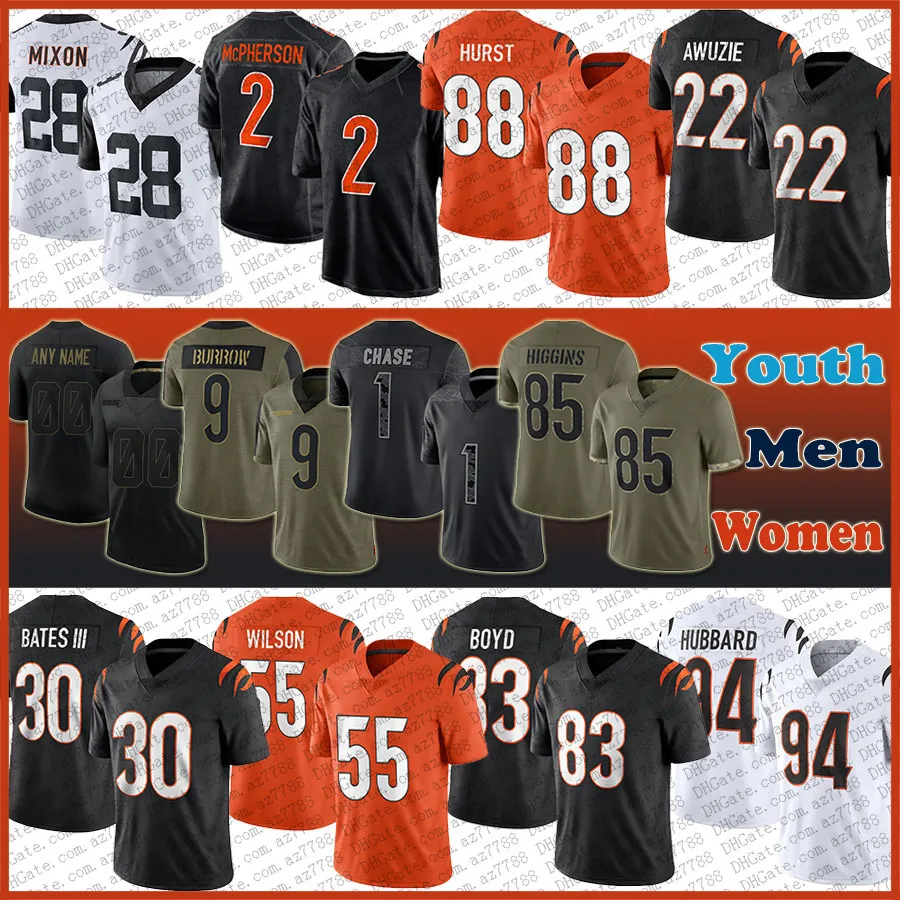 9 Joe Burrow 1 JaMarr Chase Custom Football Jersey 28 Mixon Tee Higgins ...