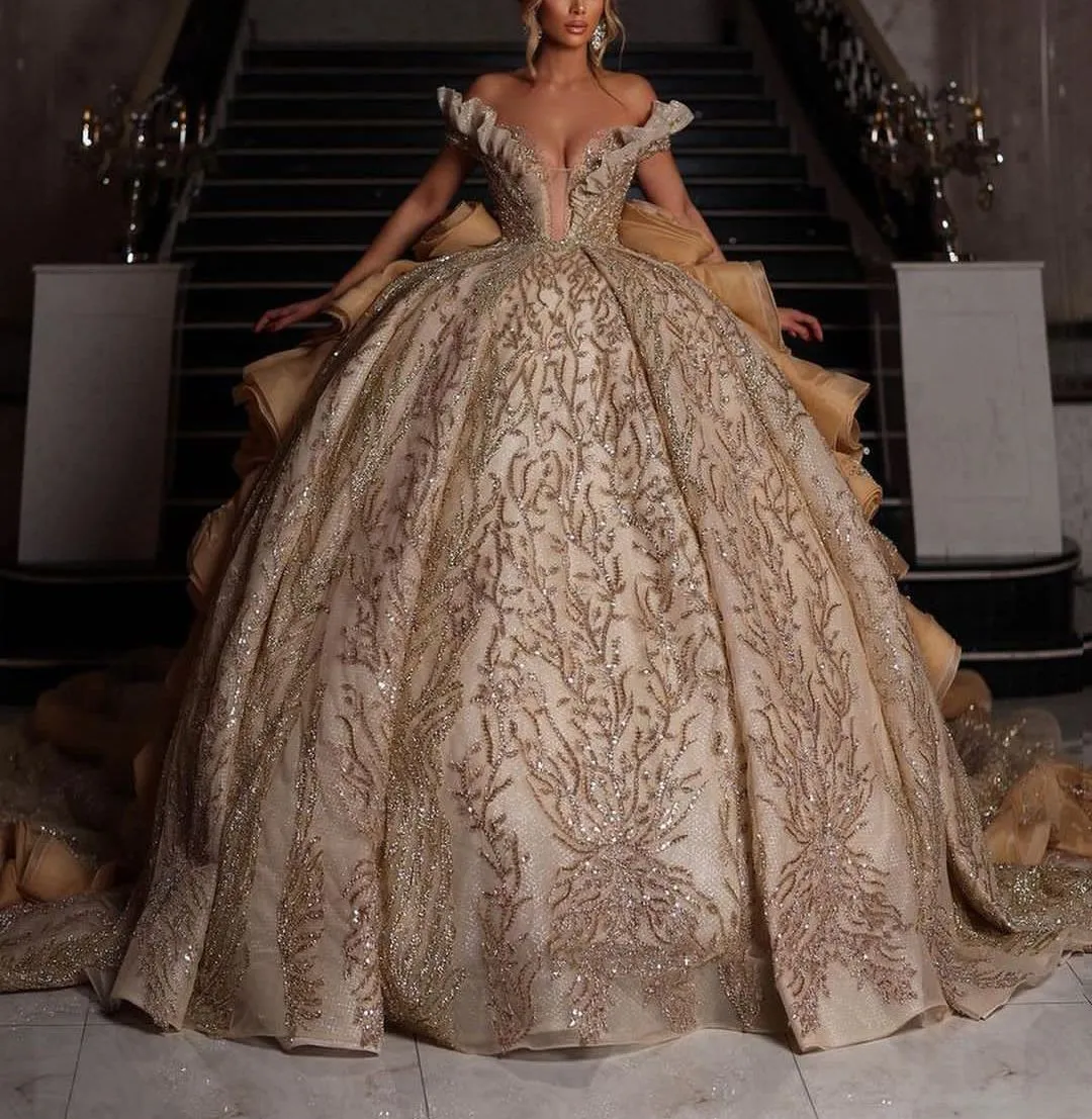 Luxury Champagne Ballgown Champagne Wedding Dress With Deep V Neck ...