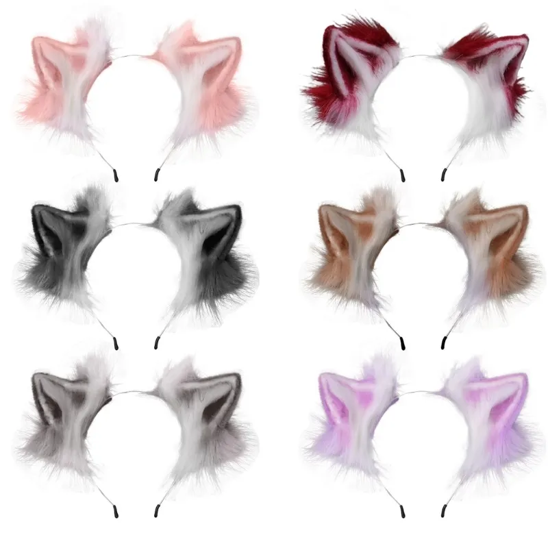 Furry Plush Wolf Cat Ears laurel headband with Contrast Color ...