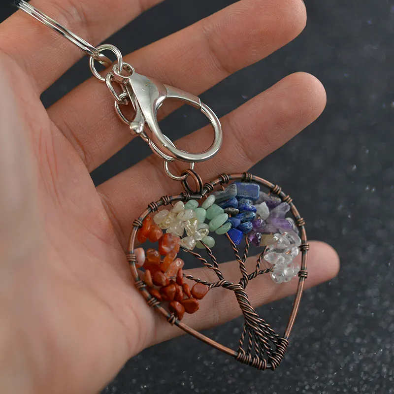 Tree Of Life 7 Chakra Crystal Keychain With Natural Stone Heart Unisex ...