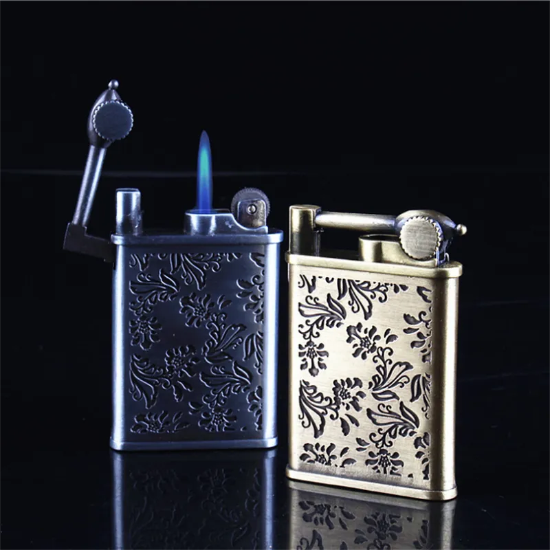 Retro Embossed Metal Lighter Ultra Thin Windproof Butane Torch With ...