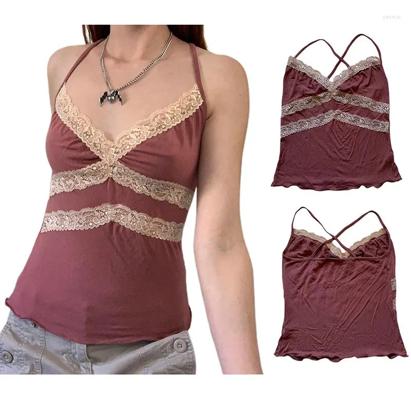 Vintage Fairycore Lace Patchwork Lace Strap Tank Top Top Y2K Aesthetic Sweet Kawaii Casual ...
