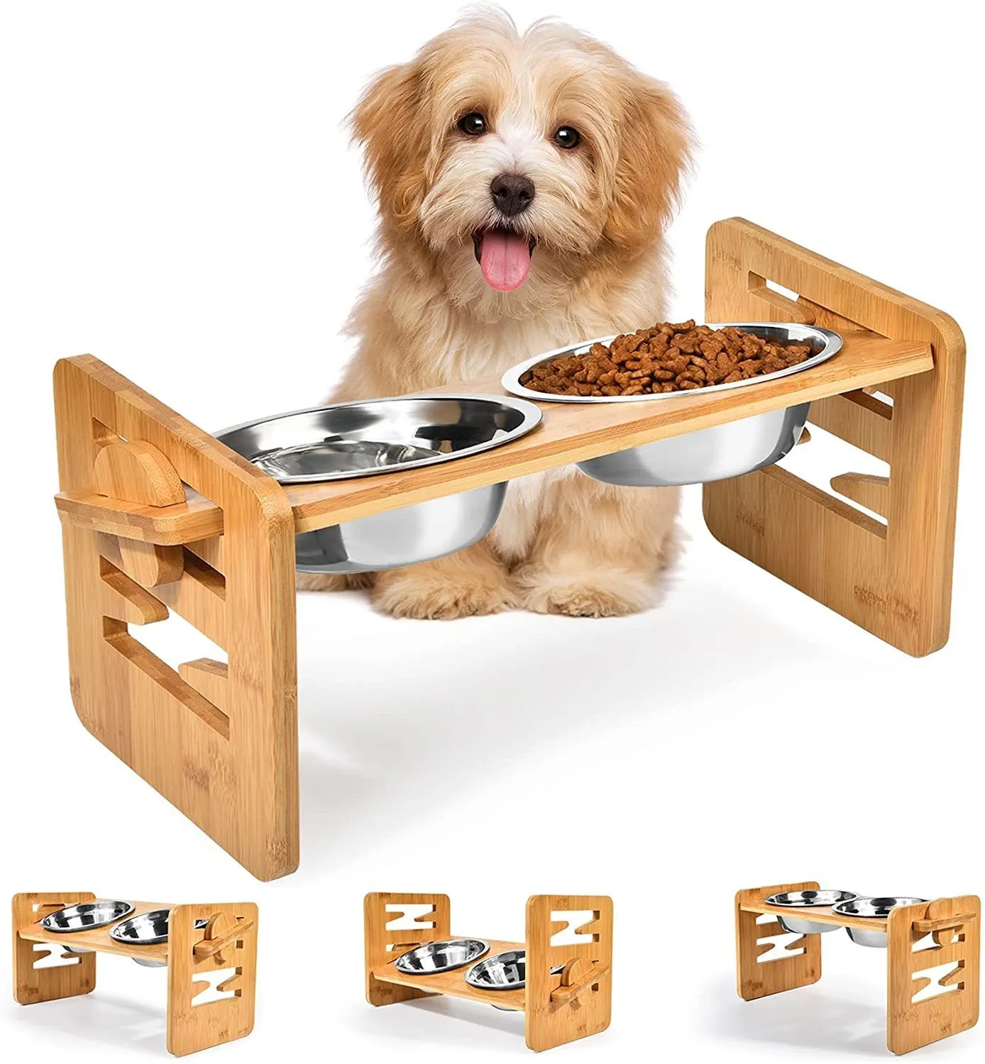 Adjustable Elevated Pet Food Bowls with Bamboo Stand - Raised Feeder ...