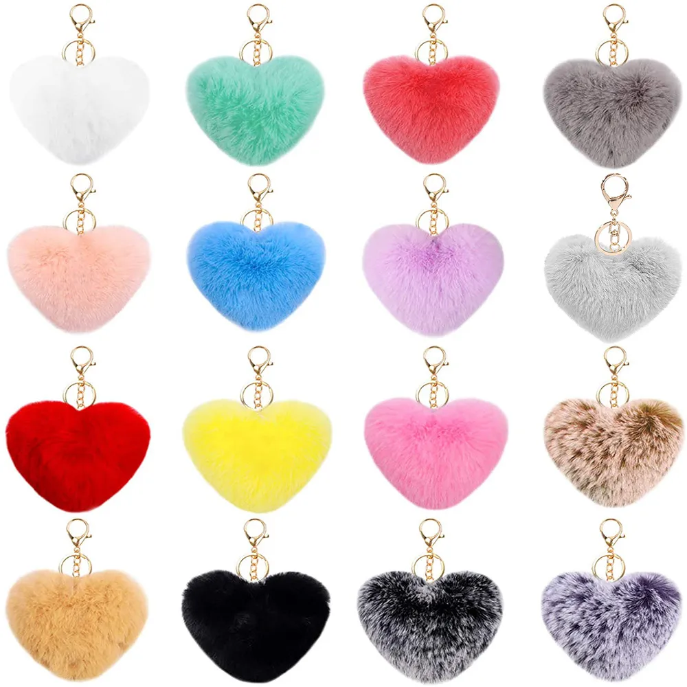10CM Fashion Heart Shaped Plush Keychain Imitation Rabbit Fur Key Chain ...