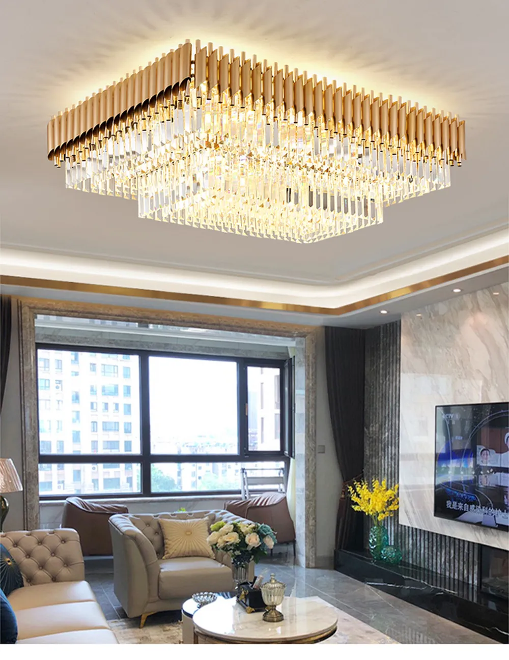Designer LED Dimmable Crystal Gold Rectangle Chandelier For Foyer ...