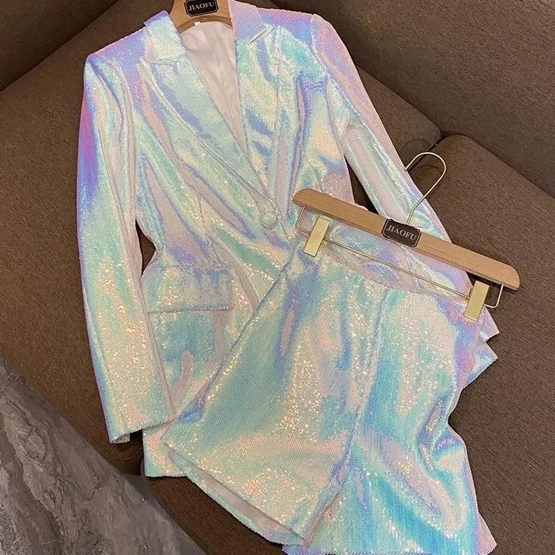 Women Two Piece Outfit Glitter Blazer and Full-Length Pants Animal ...