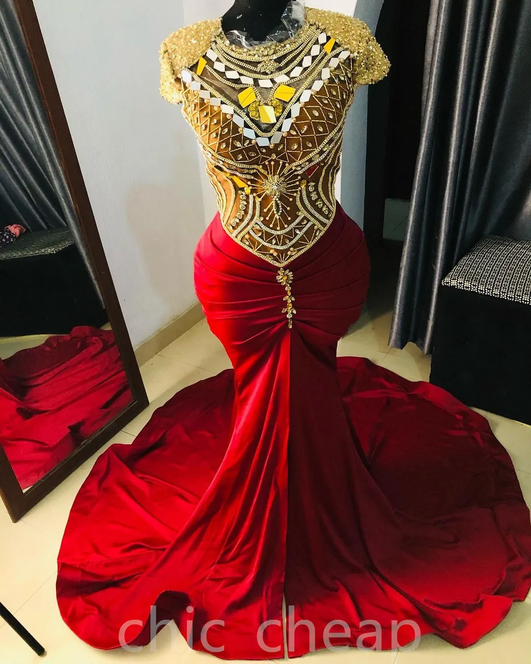 Red Beaded Crystal Satin Mermaid Red Mermaid Prom Dress For 2022 Evening Formal Party, Reception ...