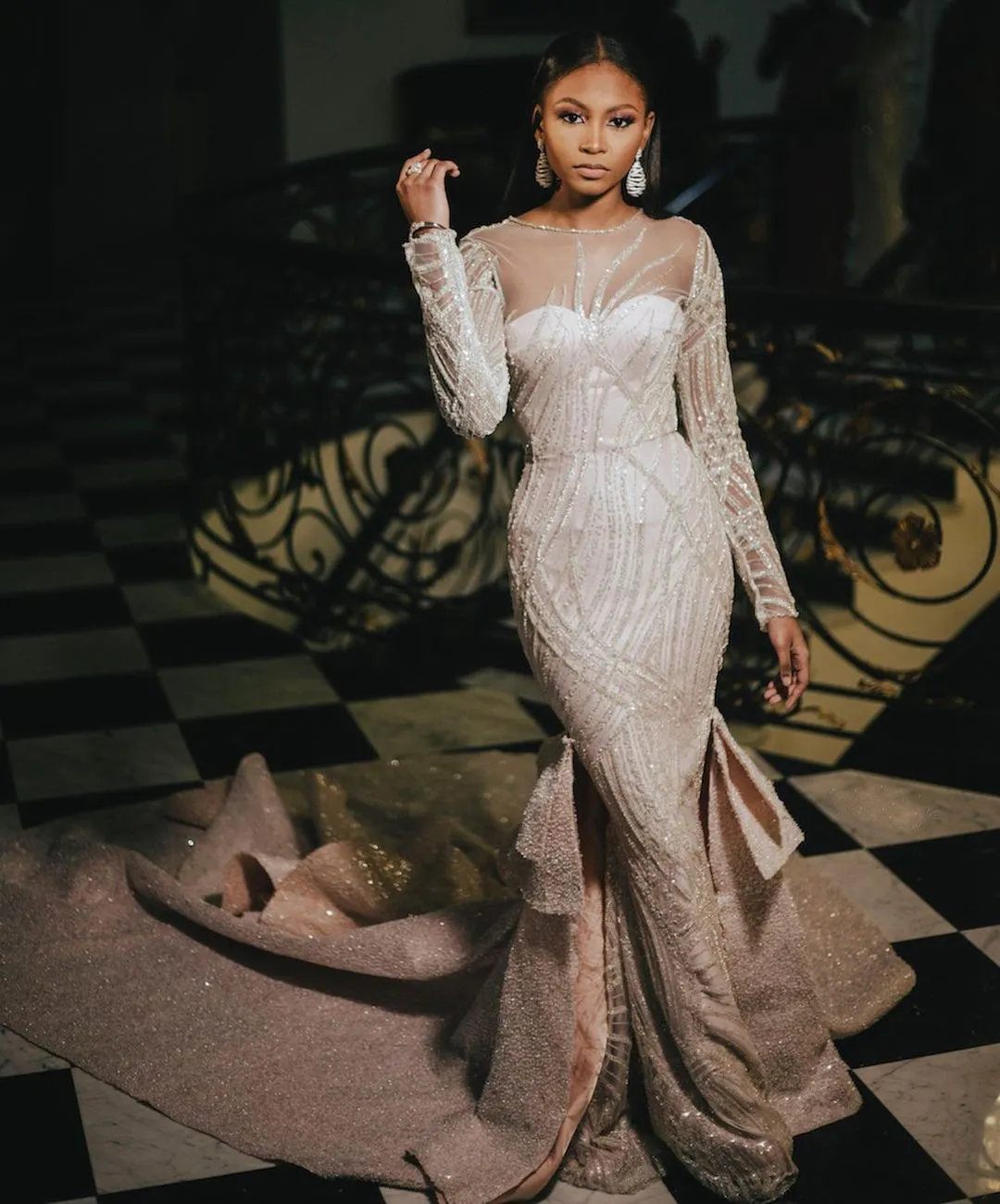Custom Made Plus Size Mermaid Long Sparkly Prom Dresses With Ruffles Sequins Sheer Neckline