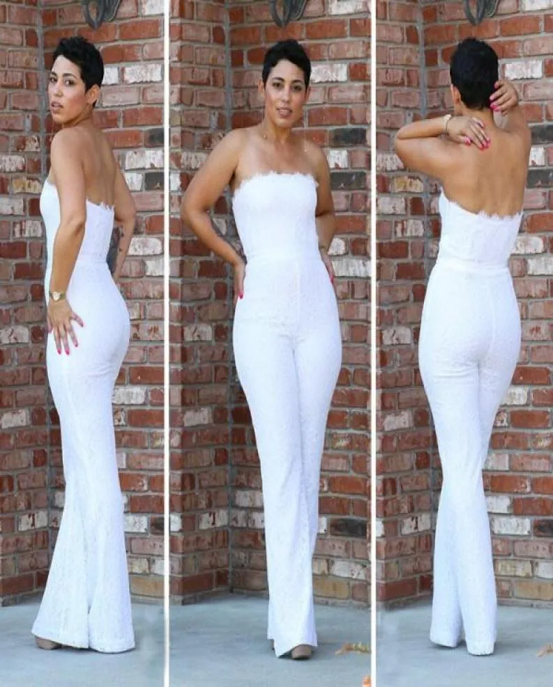 Elegant White Jumpsuit Evening Dresses Strapless Full Lace Bodice Pants ...