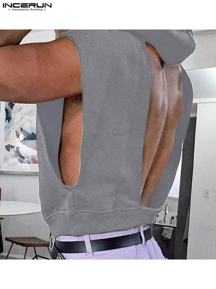 Men's INCERUN Tank Top Hooded Solid Color Sleeveless Backless Hollow ...