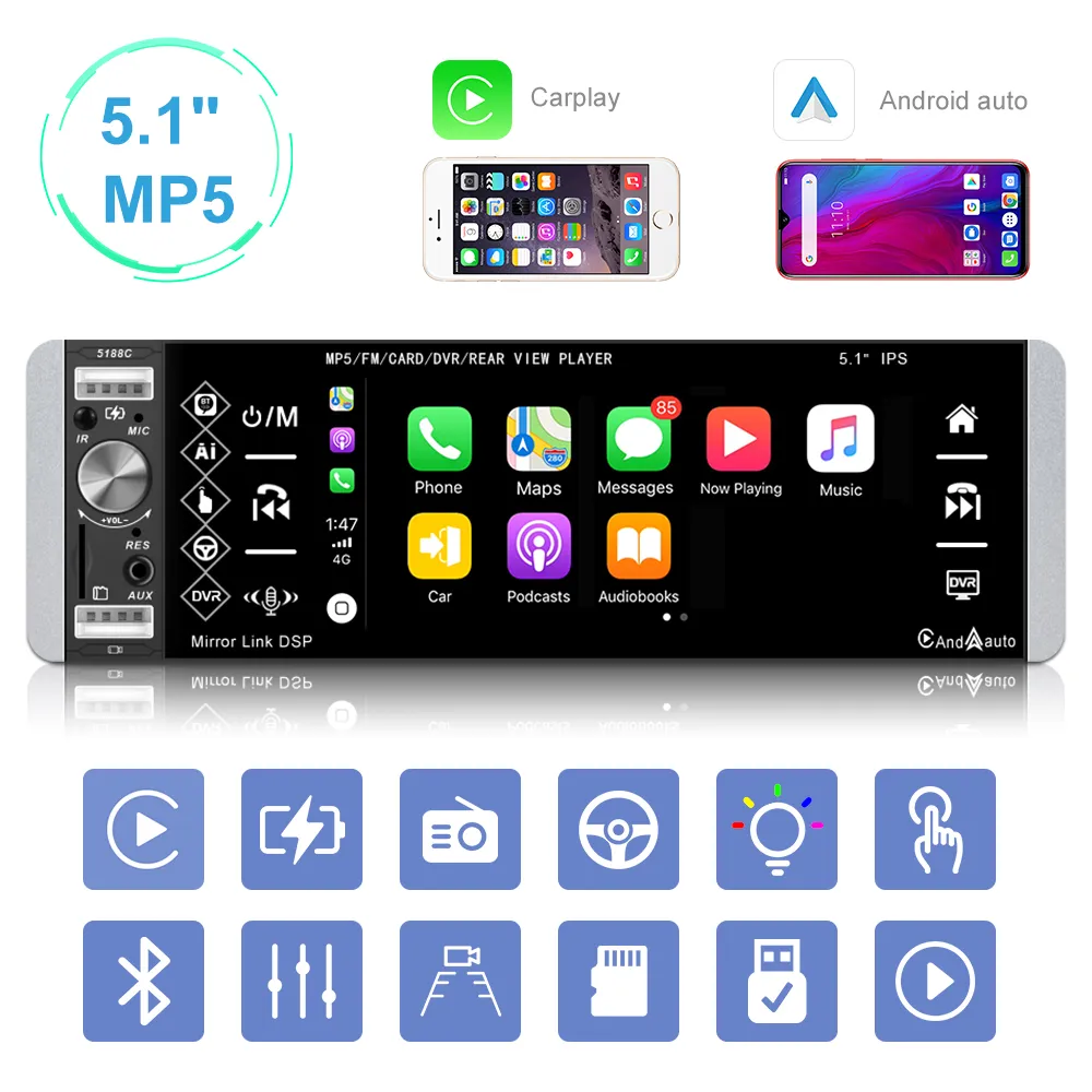 1 Inch MP5 Audio Video Player Car Radio Receiver with Apple CarPlay ...