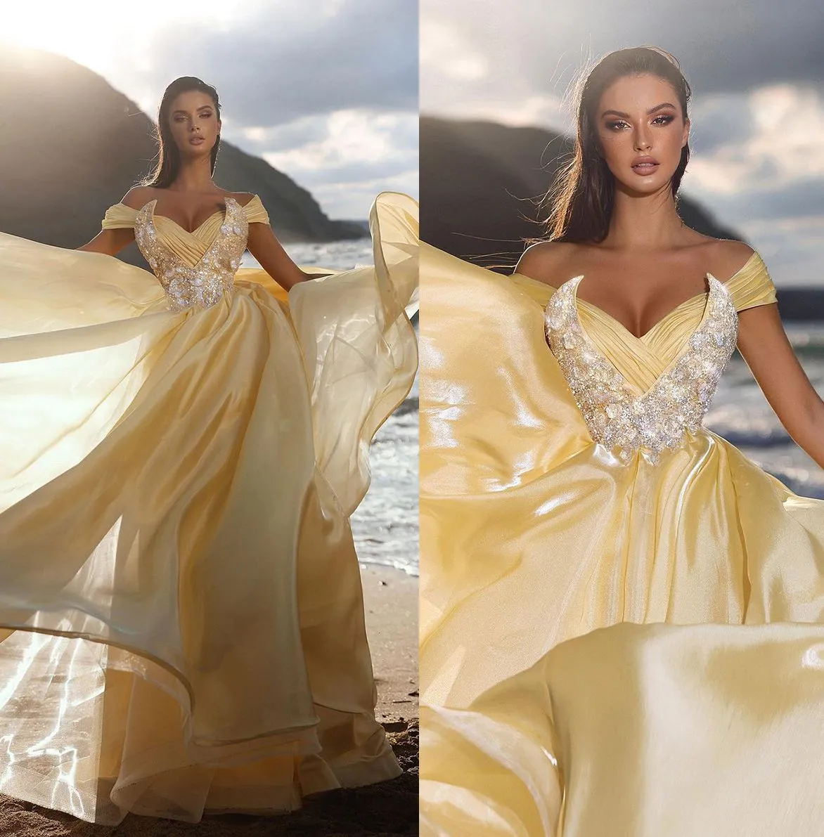 Yellow V Neck Floor-Length Evening Dress with Crystal Lace Applique and ...