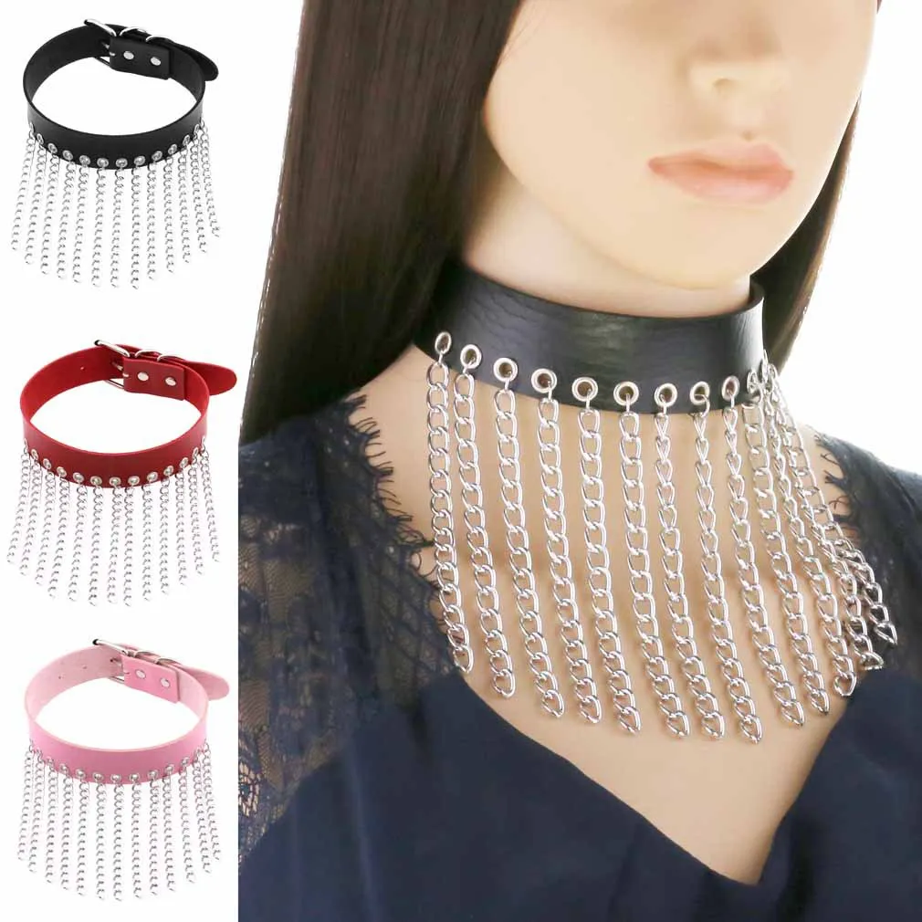 Punk Leather Choker Necklace - Gothic Collar with Chains, Steampunk ...