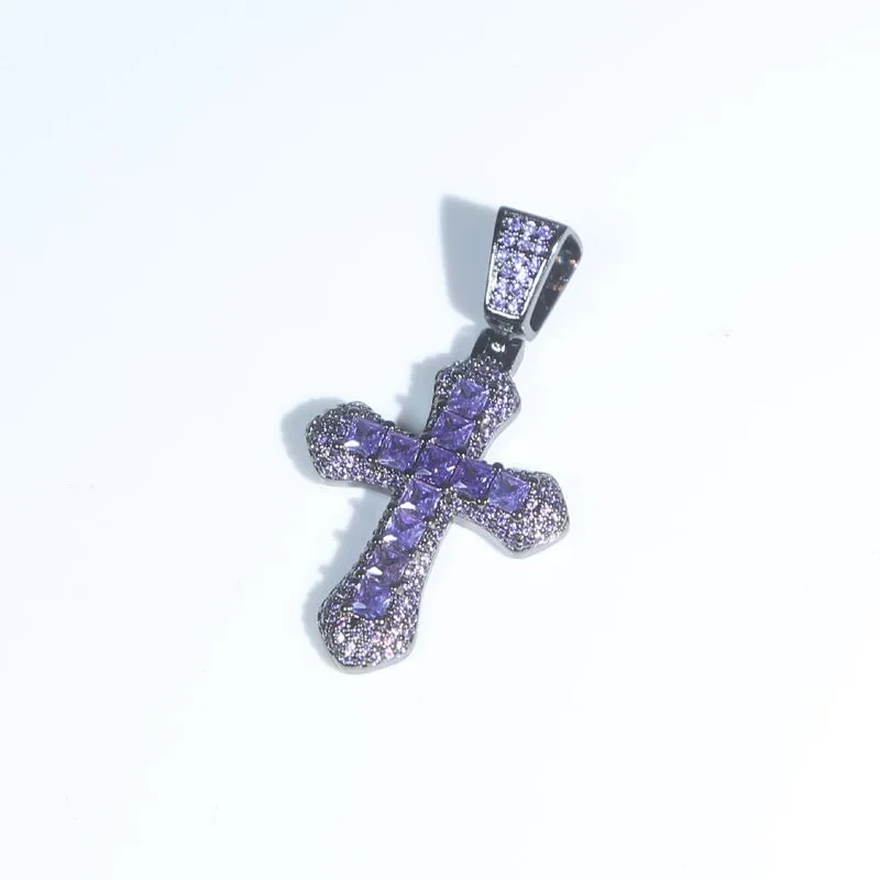 Iced Out Cross Pendant Necklace - Hip Hop Style, Purple CZ Stone, Black ...