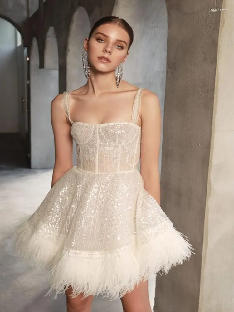 Casual Dresses 2022 Sexy Spaghetti Strap Feather Shing Sequins White ...