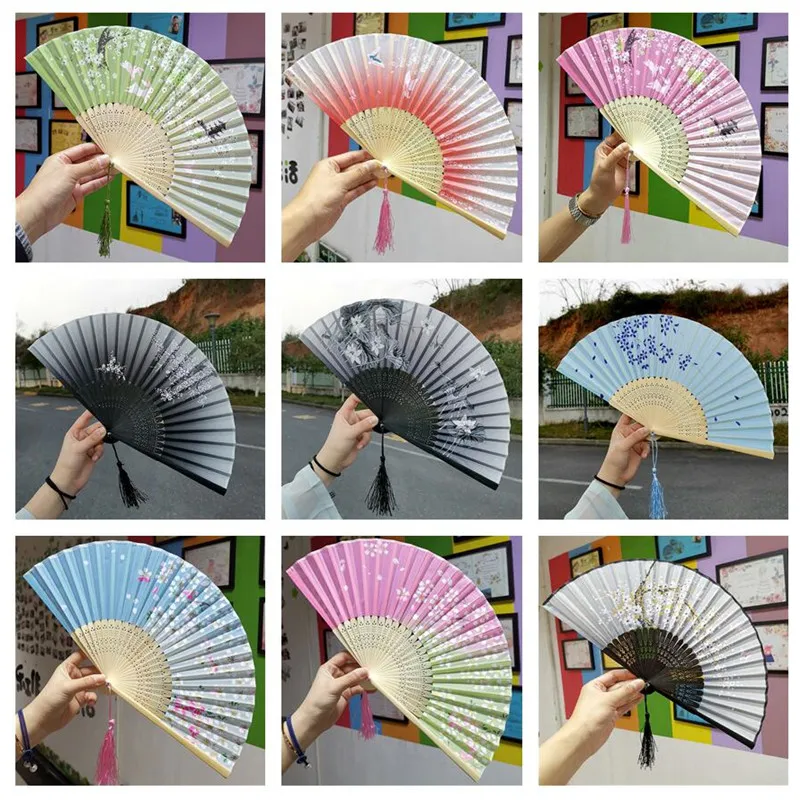 Bamboo Antique Flower Folding Hand Fans Multi-Color Silk Wedding Party ...