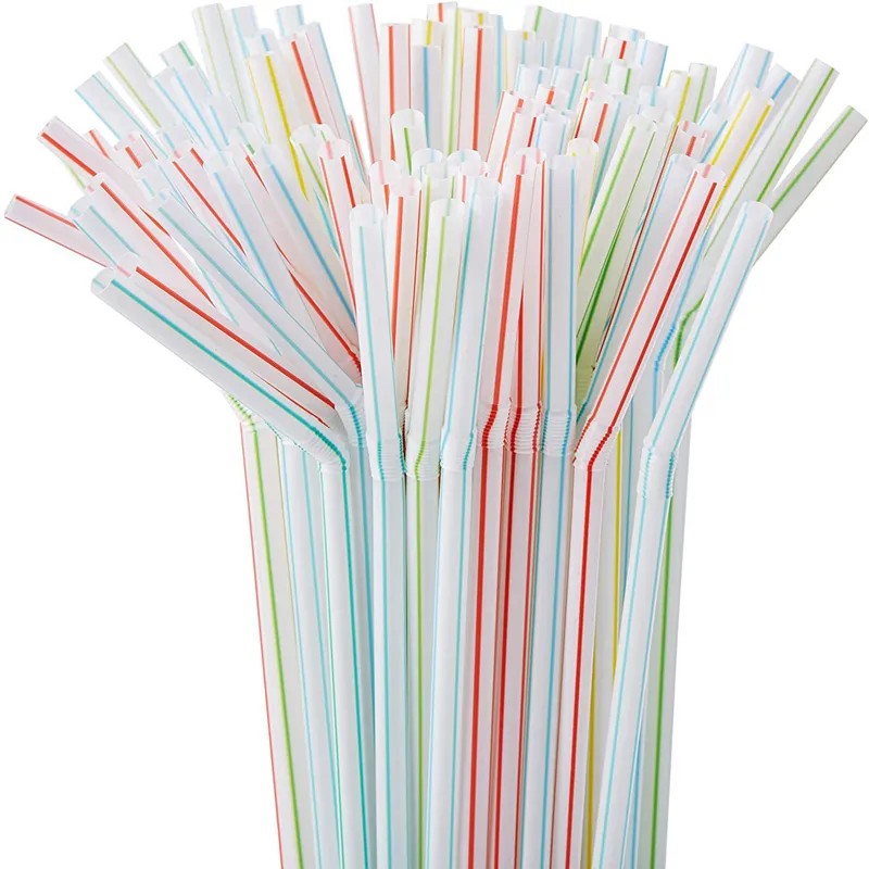 Disposable Cups Straws: Flexible Plastic Striped Multi-Colored Drinking ...