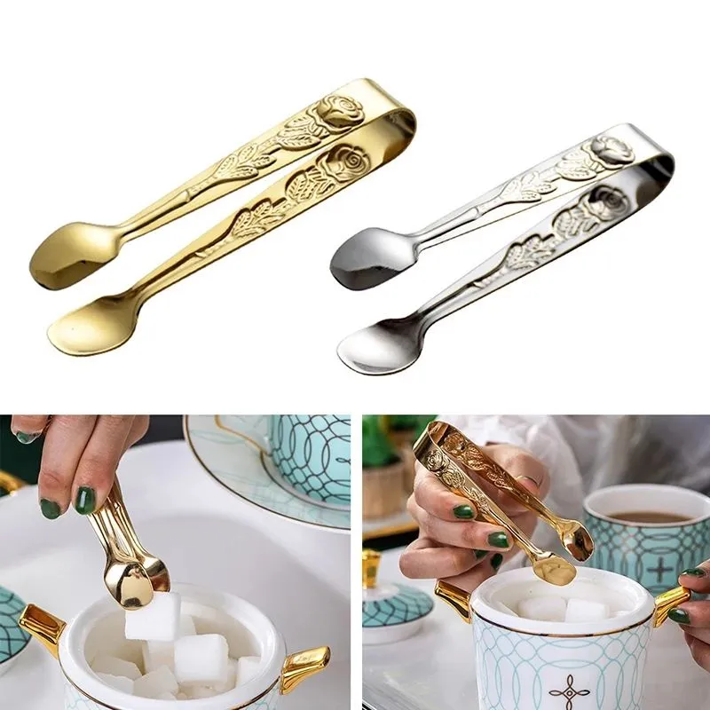 Gold Kitchen Utensils Steel Sugar Clamp Ice Tongs Reusable With Rose ...