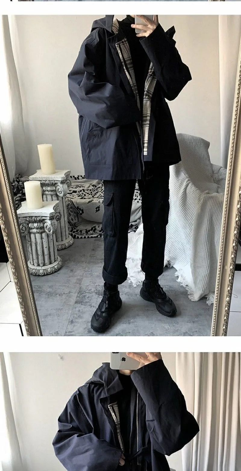 Men's Hooded Jacket Spring Autumn Loose Fit Plaid Vintage Hong Kong ...