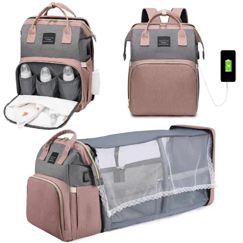 Large Diaper Bags: Convertible Mommy Bag With Portable Folding Crib ...