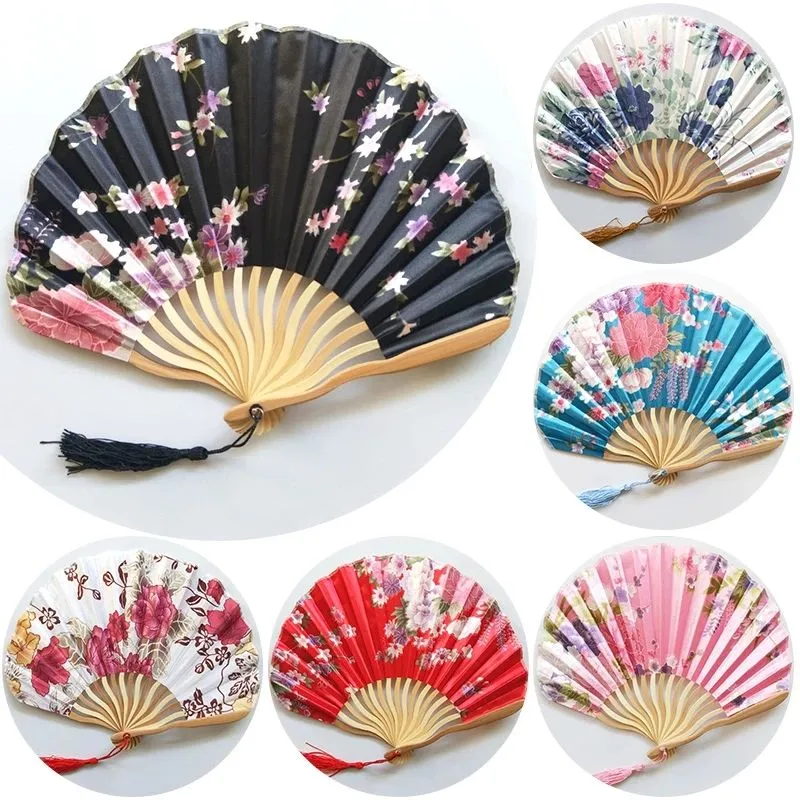 Flower Bamboo Folding Hand Fan Beige Summer Vintage Fold Hand Held Hand ...