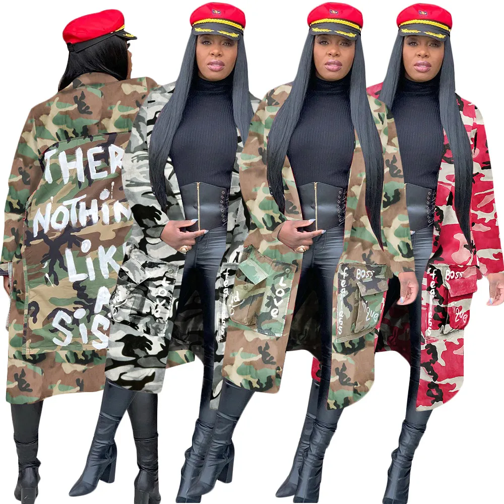 Camouflage Print Jacket Women Fashion Lapel Neck Long Open Front ...