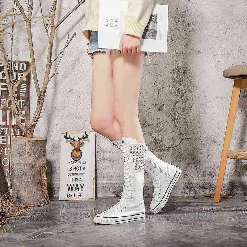Luxury Rivet Knee Boots Super High Top, Lace Up, Flat Bottom, Canvas ...