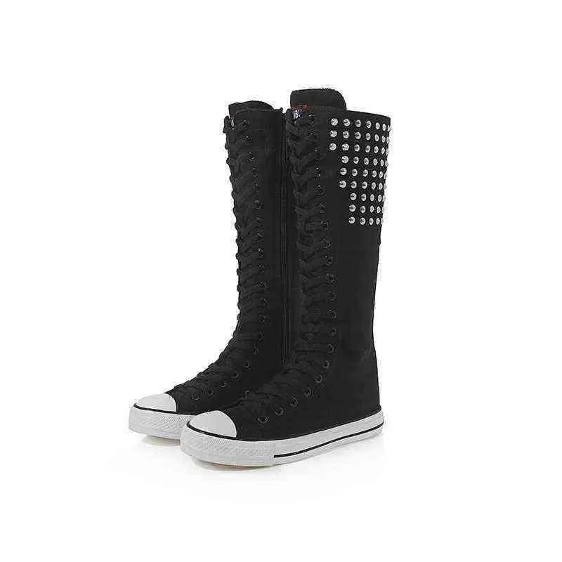 Luxury Rivet Knee Boots Super High Top, Lace Up, Flat Bottom, Canvas ...