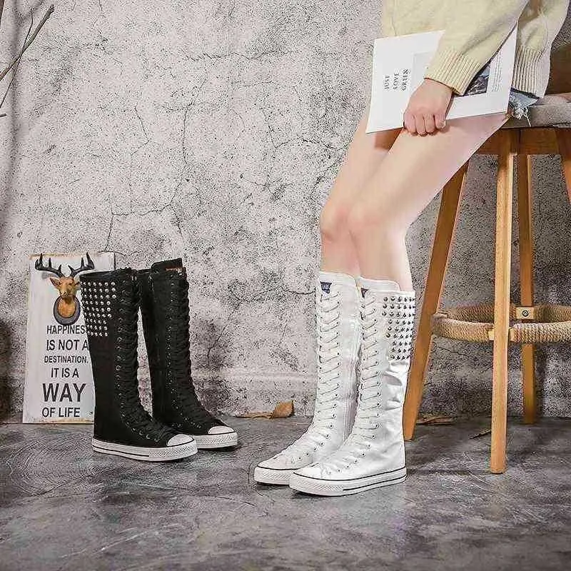 Luxury Rivet Knee Boots Super High Top, Lace Up, Flat Bottom, Canvas ...