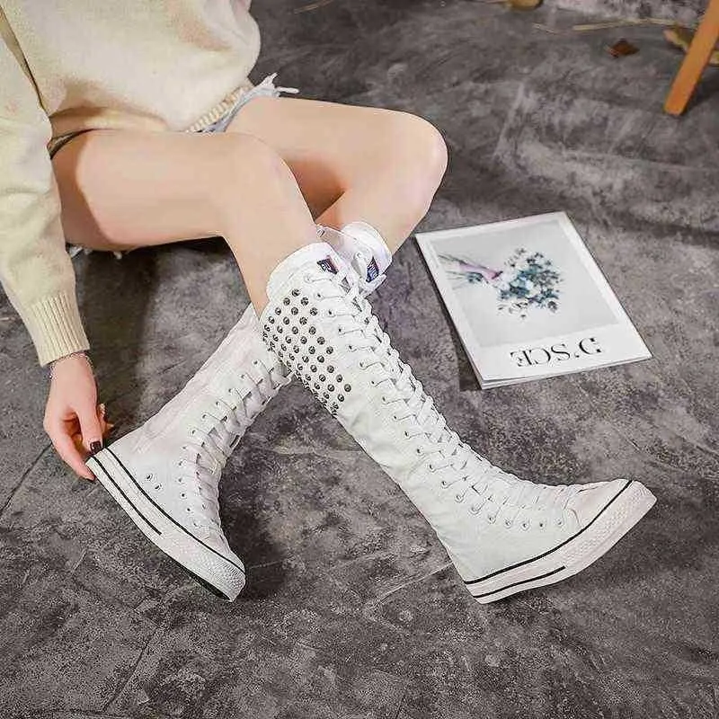 Luxury Rivet Knee Boots Super High Top, Lace Up, Flat Bottom, Canvas ...