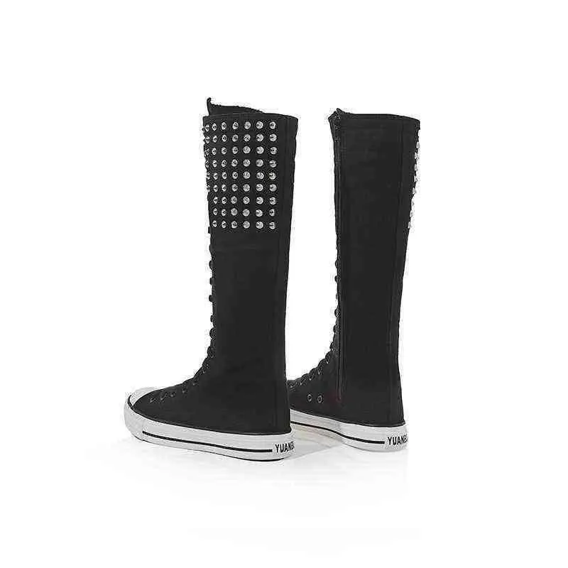 Luxury Rivet Knee Boots Super High Top, Lace Up, Flat Bottom, Canvas ...