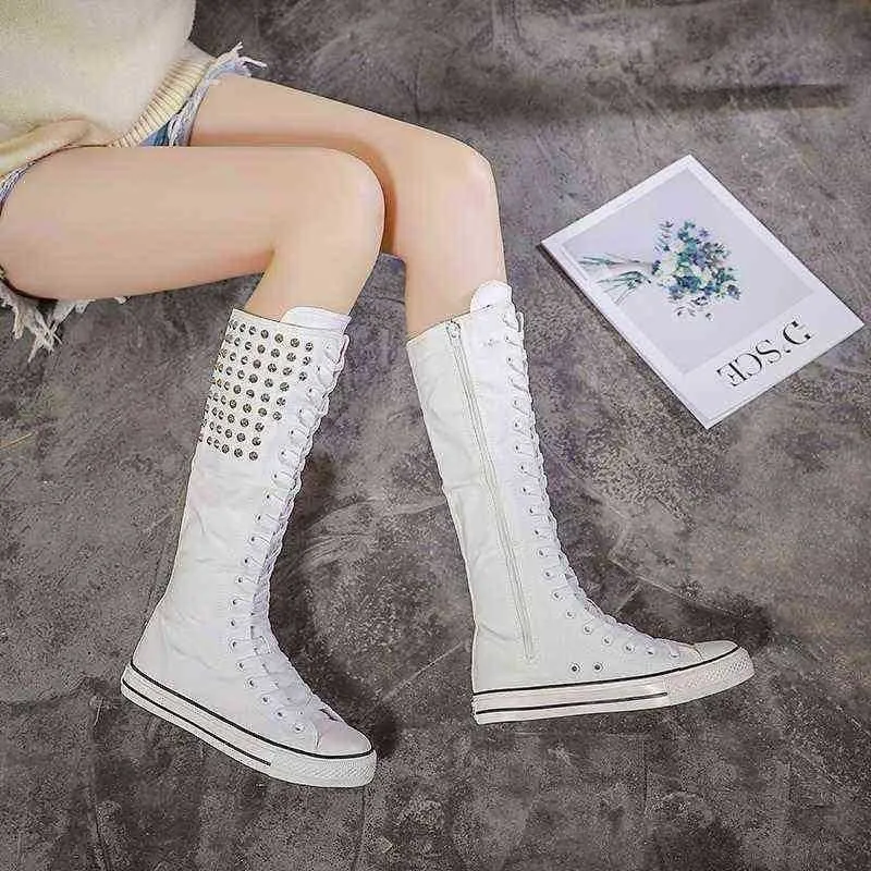 Luxury Rivet Knee Boots Super High Top, Lace Up, Flat Bottom, Canvas ...