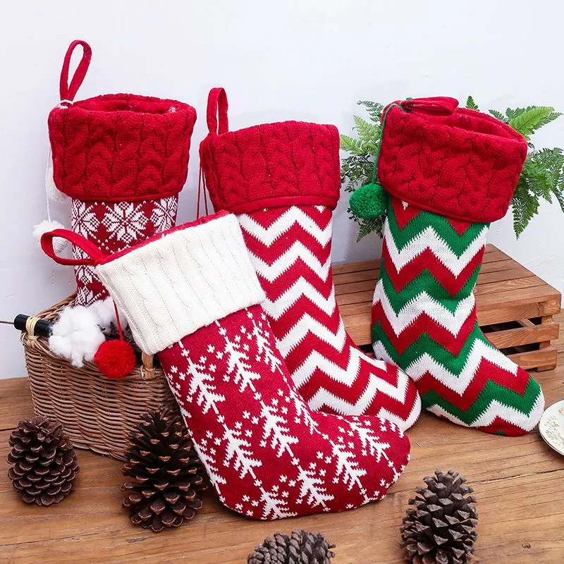 Knitted Christmas Stocking Ornament - Red & White Santa Candy Gift Bag ...