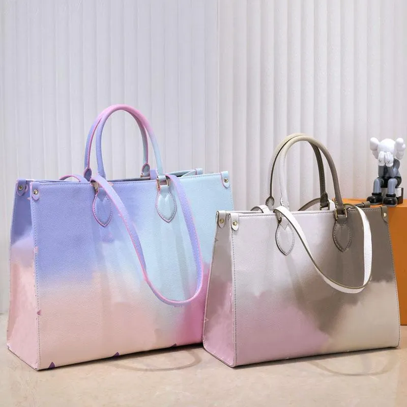 Floral Canvas Bags Gradient Tote Handbag With Long Leather Shoulder ...