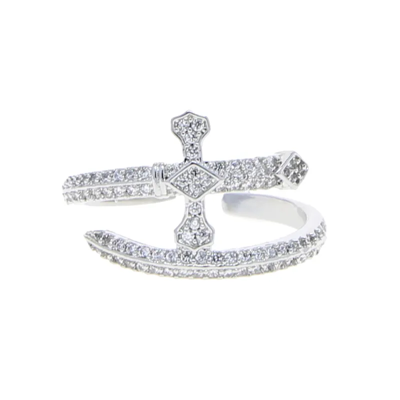 Iced Out Cubic Zirconia Sword Ring Hip Hop Style For Women And Men Open ...