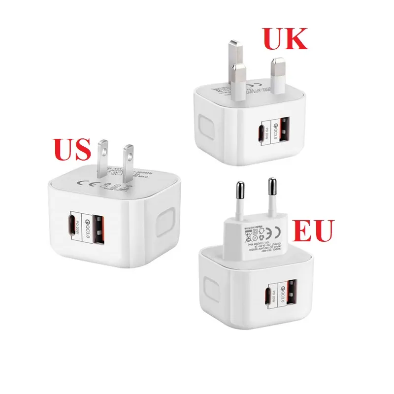 USB Wall Charger US UK EU Plug Adapter Travel 20W Black/White Power PD ...
