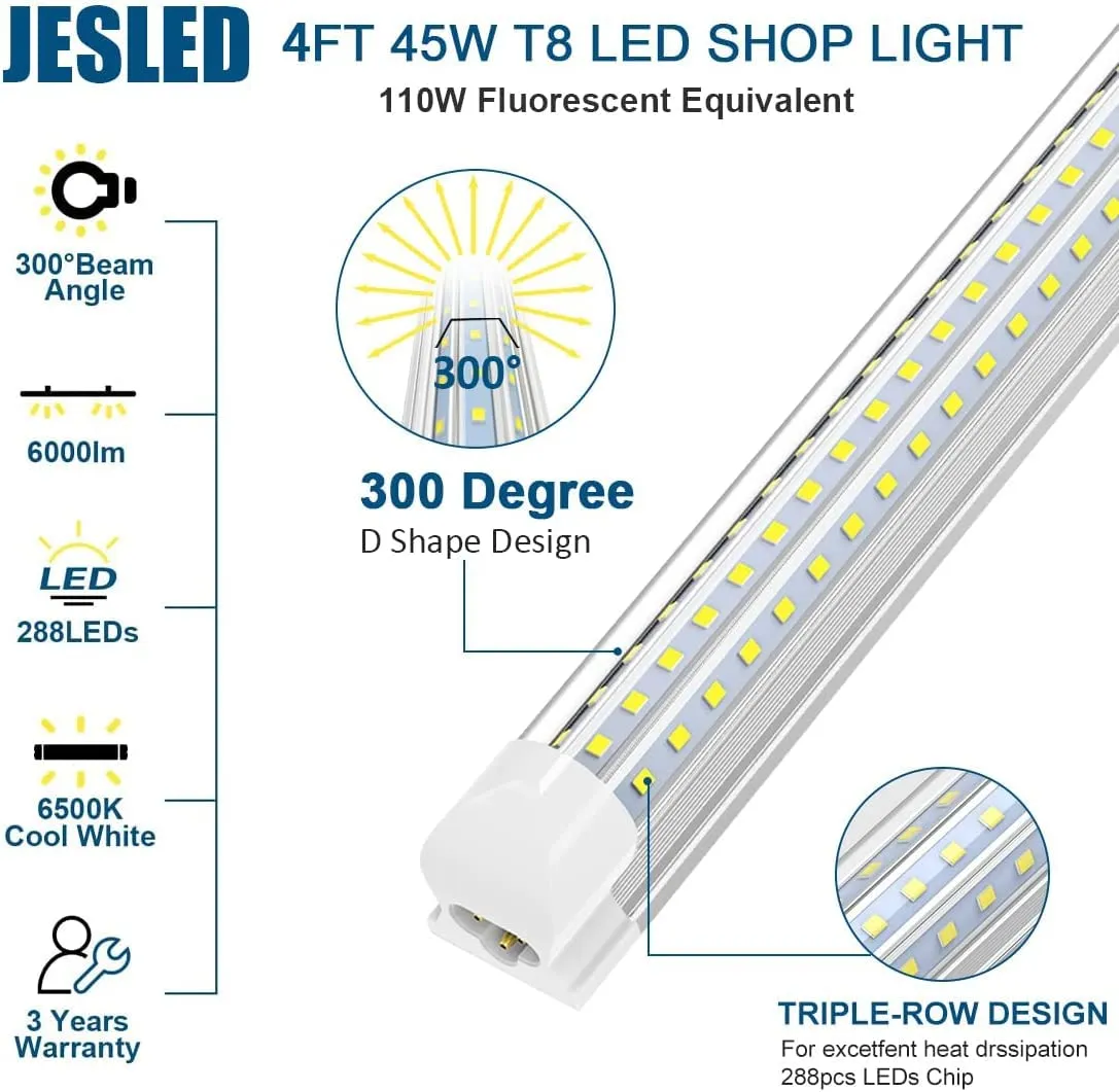 10-Pack 4FT LED Tube Lights: 45W, 6000LM, Cool White. Linkable 4 Foot ...