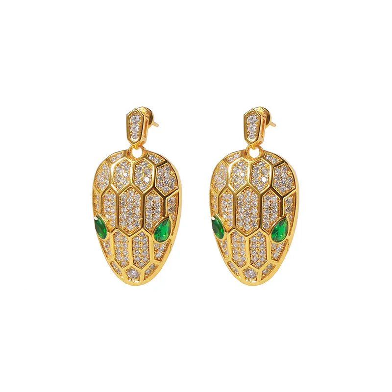 18K Gold Snake Head Stud Earrings With Green Crystal Bling Diamonds ...