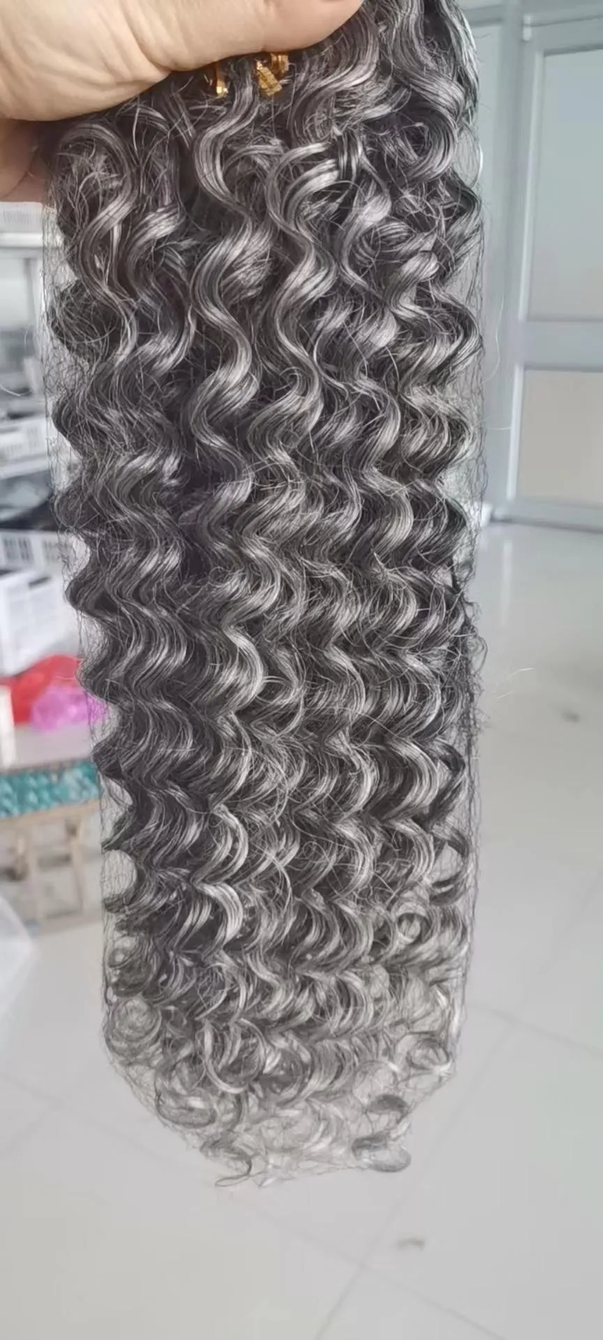 100% Brazilian Silver Grey Remy Human Hair Weaving Kinky Curly Salt And ...
