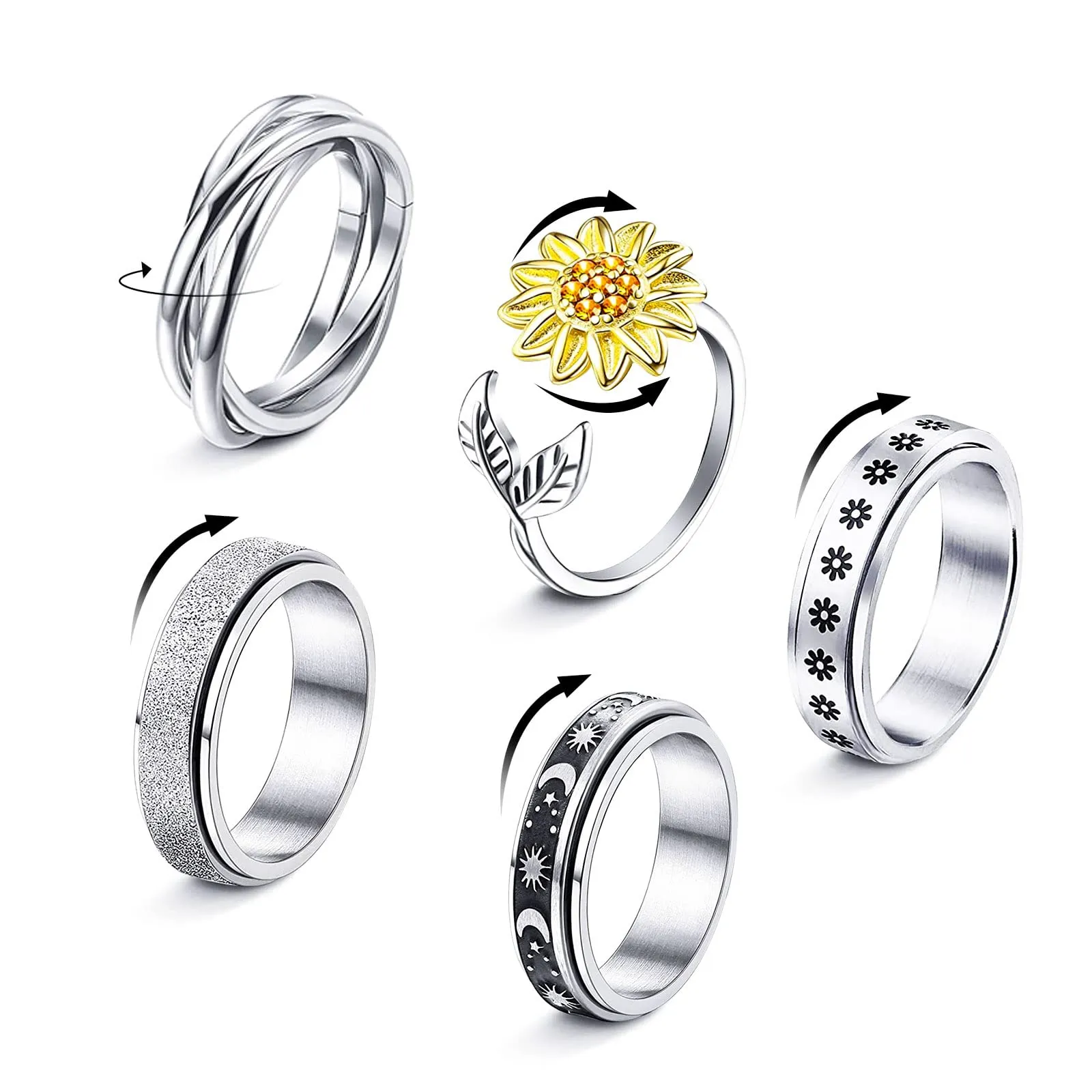Adjustable Fidget Rings Set - Anxiety Relief Spinner Bands for Women ...