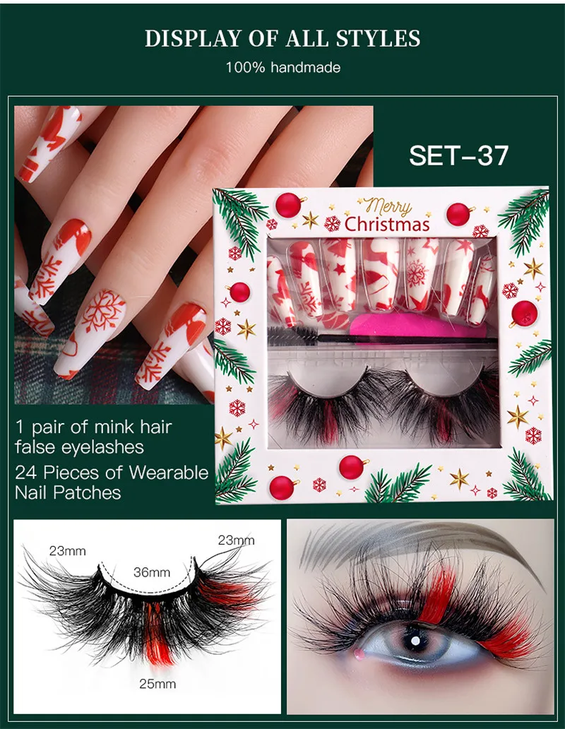 Christmas Elk Snowflake Acrylic Fake Nails Set with Colorful Mink ...