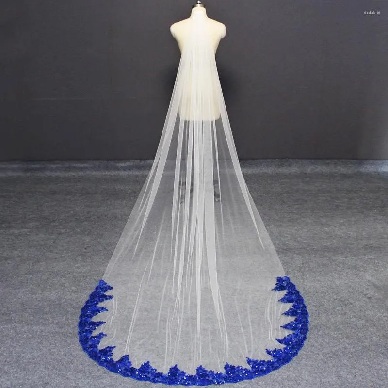 Royal Blue Lace Wedding Veil - Ivory White Soft Tulle Veil 3 Meter Long ...