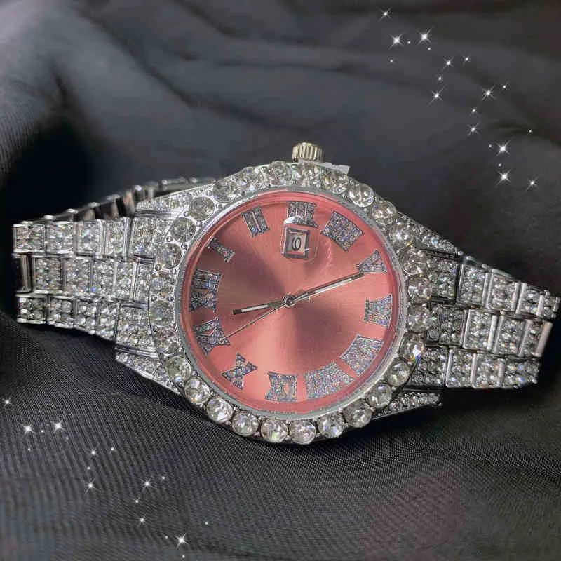 Bling Purple Dial Sier Plating Iced Out Baby Pink Womens Quartz Wrist ...