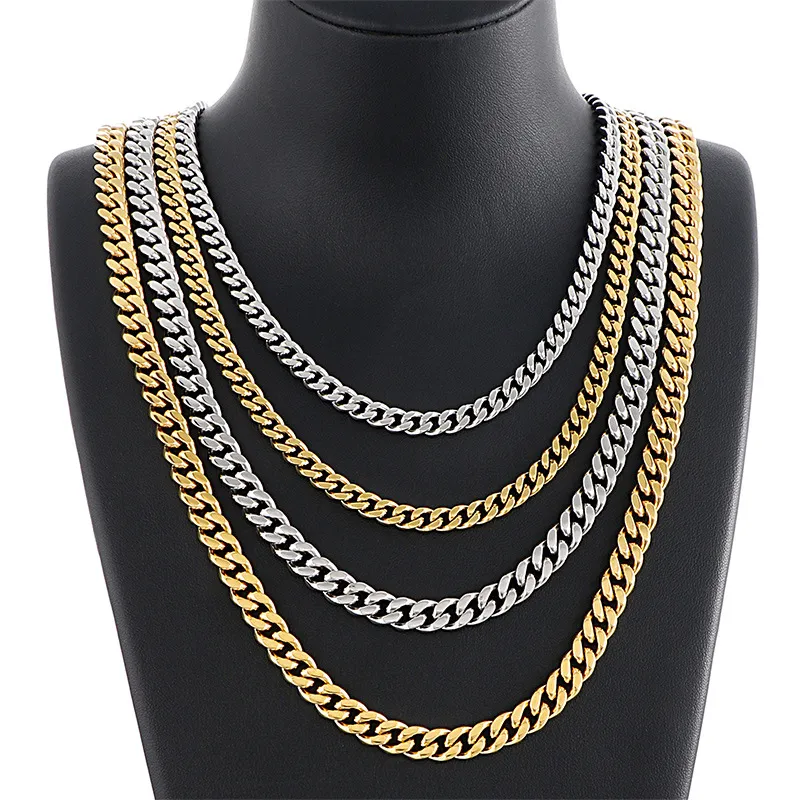 Hip Hop Stainless Steel Cuban Chain Necklace Simple 18K Real Gold ...