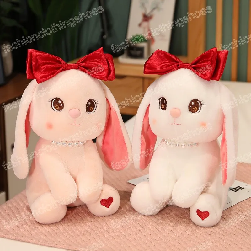 Kawaii White Rabbit Plush Toy With Long Ear Red Big Bowknot And Soft