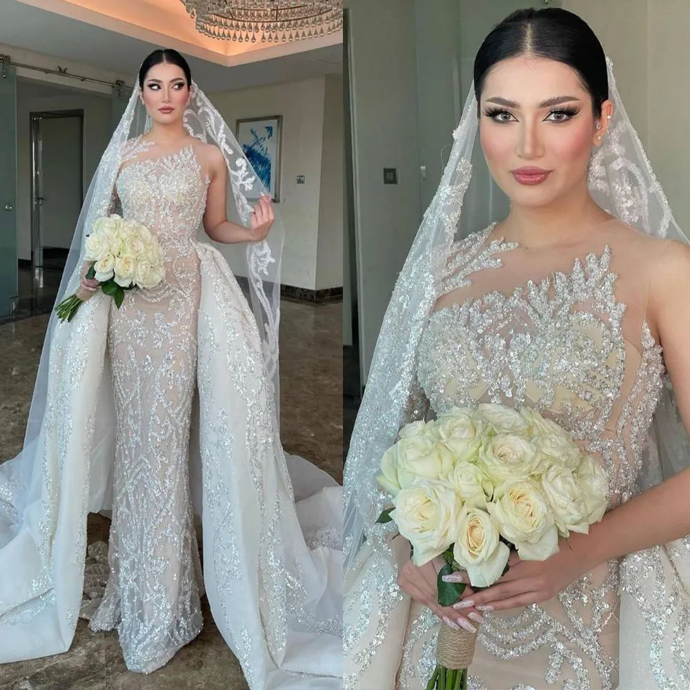 Shimmering Mermaid Wedding Gown: Sexy Sheer Jewel Neck Saudi Arabic ...