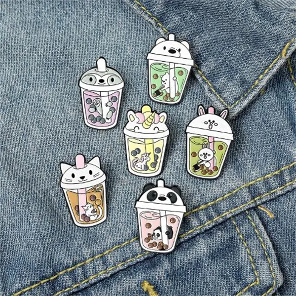 Kawaii Bubble Tea Enamel Pins: Cartoon Milk Tea Brooches With Animal ...