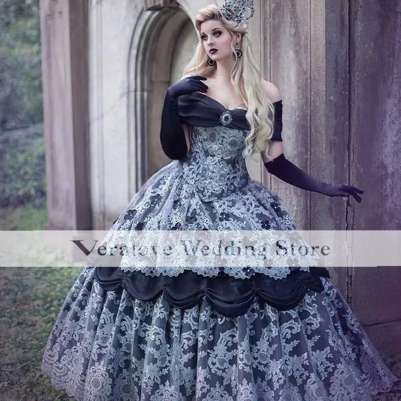 Gothic Black Wedding Dress: Off Shoulder Medieval Ball Gown Victorian ...