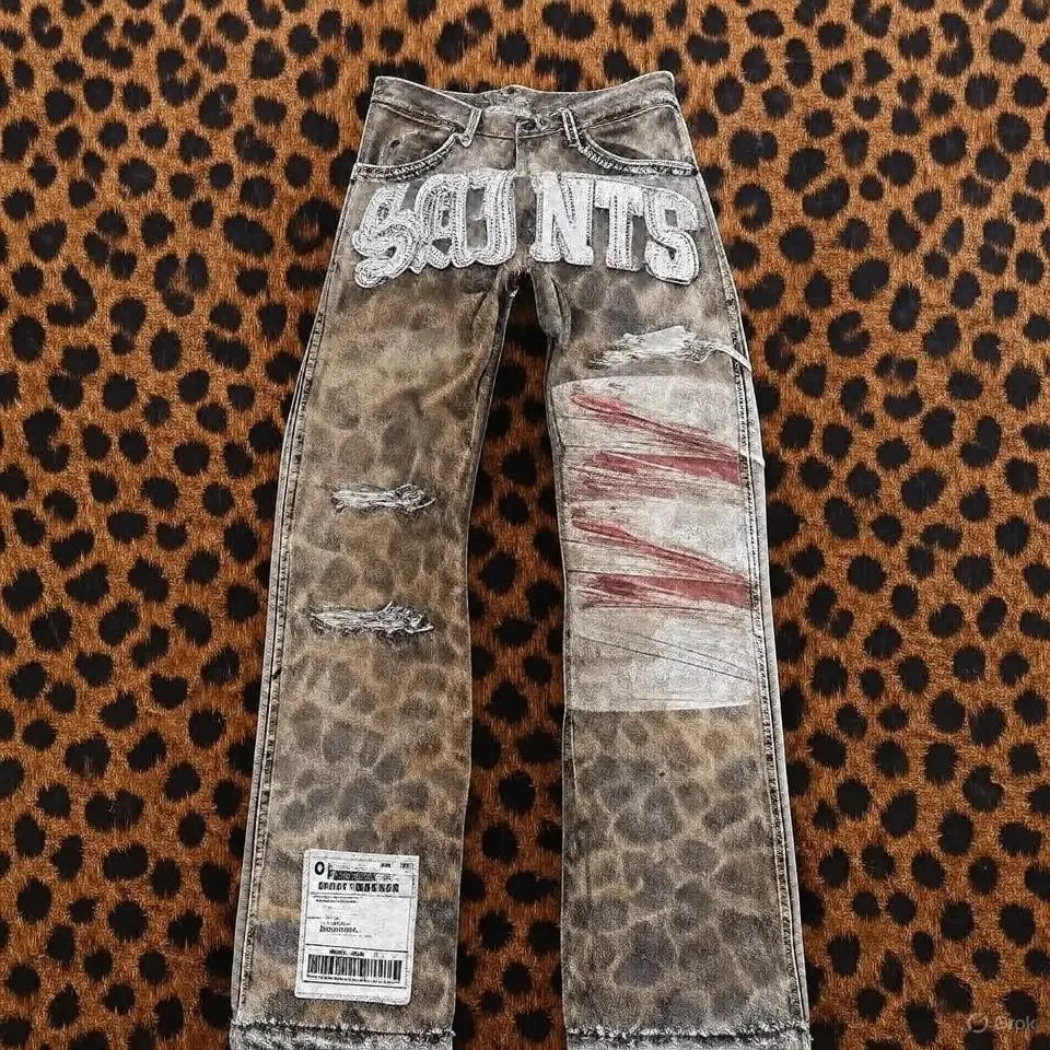 American Retro Camouflage Leopard Jeans Y2K Mens Womens Hip Hop Letters ...