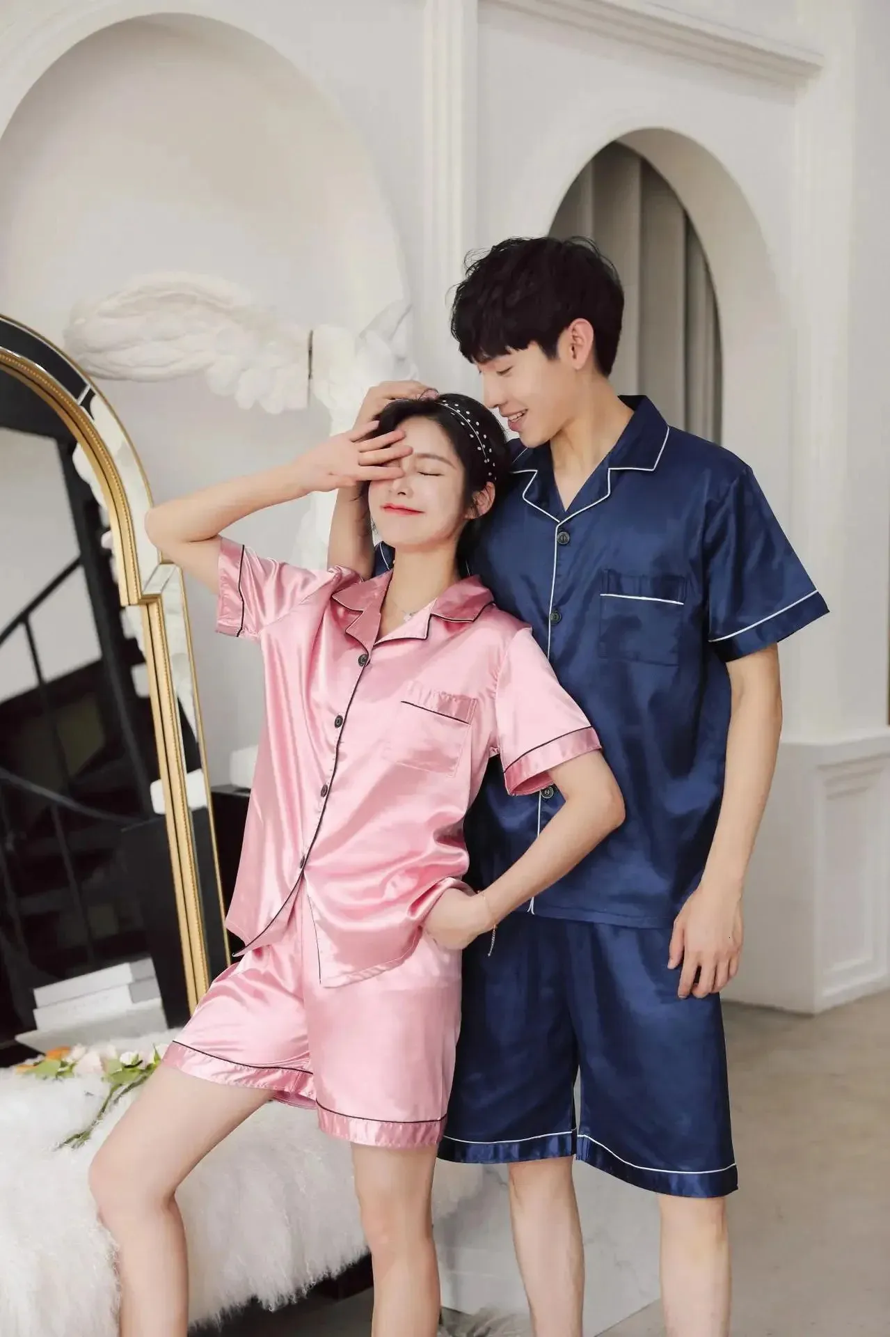Solid Color Silk Satin Pajamas Couple Set: Shortsleeved Pyjamas Suit ...